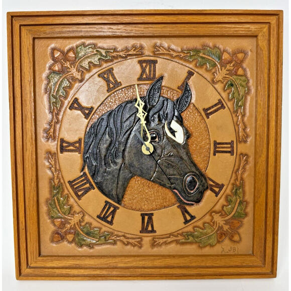 Other | Vintage Handcrafted Leather Tooled Wood Wall Black Horse Acorn ...